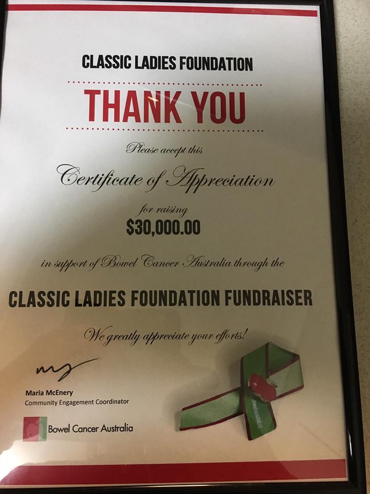 Donation made to Bowel Cancer Australia – Classic Ladies Foundation